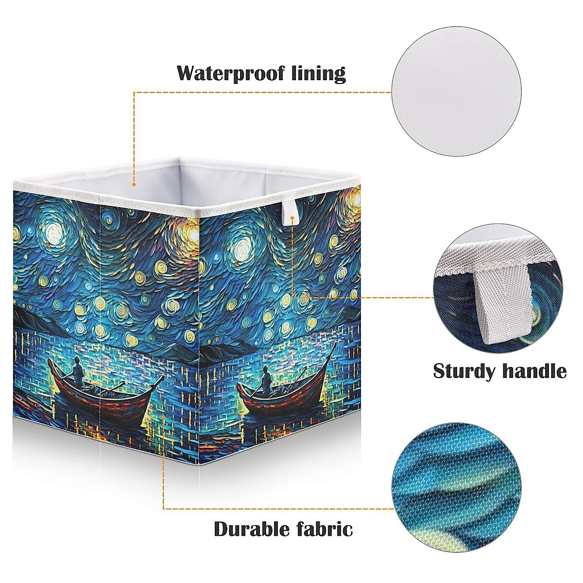 Vnurnrn Van Gogh Night Lake Collapsible Cube Storage Bins, Storage Box with Support Board, Foldable Fabric Baskets for Shelf Closet Cabinet