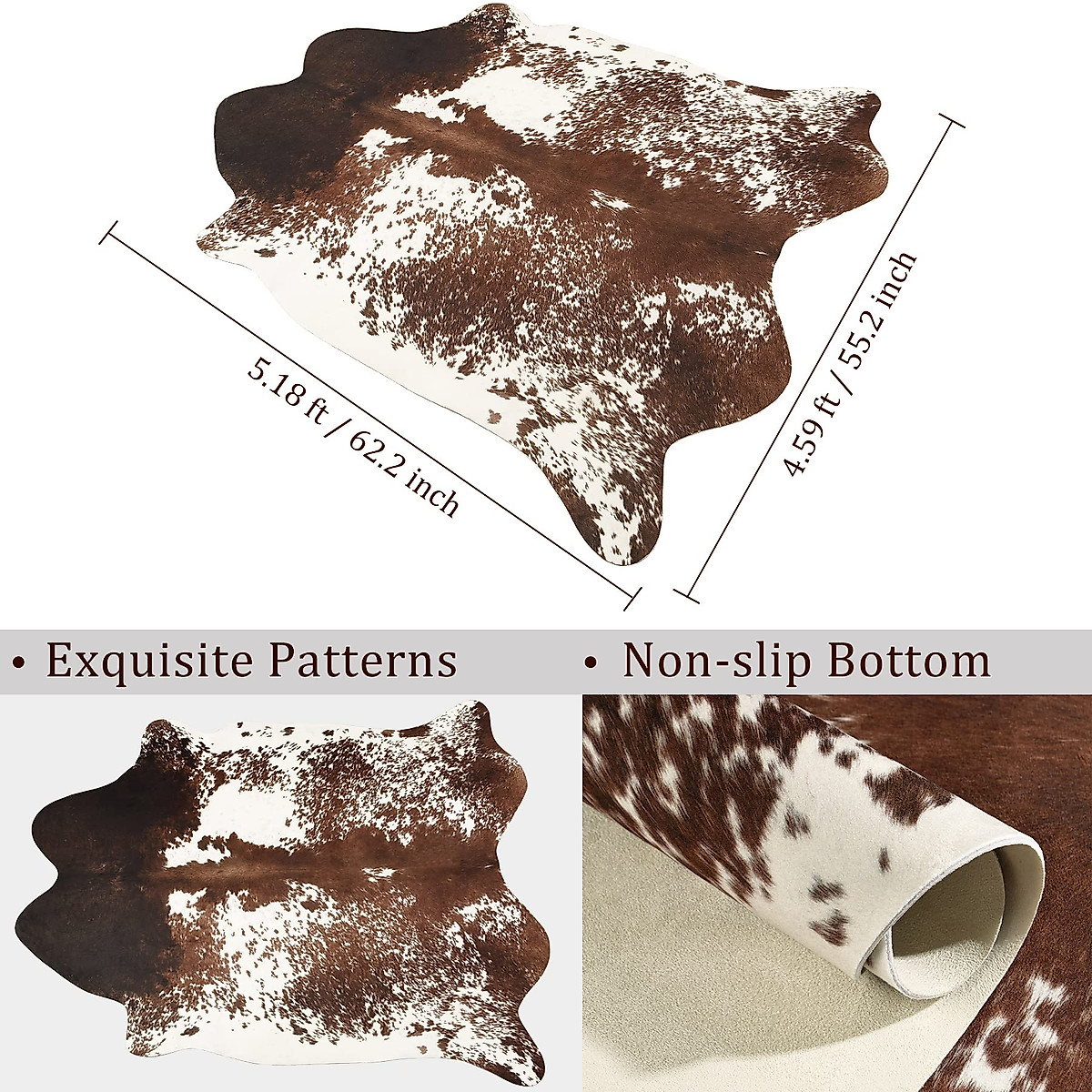 Chicrug Exquisite Faux Fur Cowhide Rug, 4.6 x 5.2 Feet Cow Hide Western Room Decor Rug for Living Room Bedroom, Non Slip Cute Cow Animal Print Floor Carpet for Kids Family, White and Brown