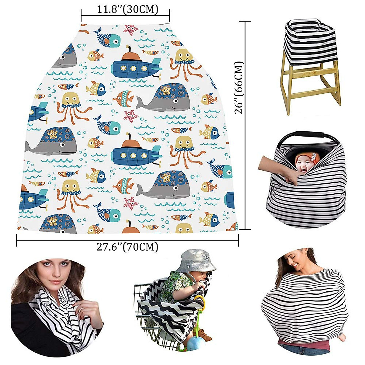 Baby Car Seat Nursing Cover for Breastfeeding Scarf, Ocean, Ultra Soft Breastfeeding Covers Poncho Canopy for Boy Girl, Infant Stroller Cover, Sea Creature Submarine