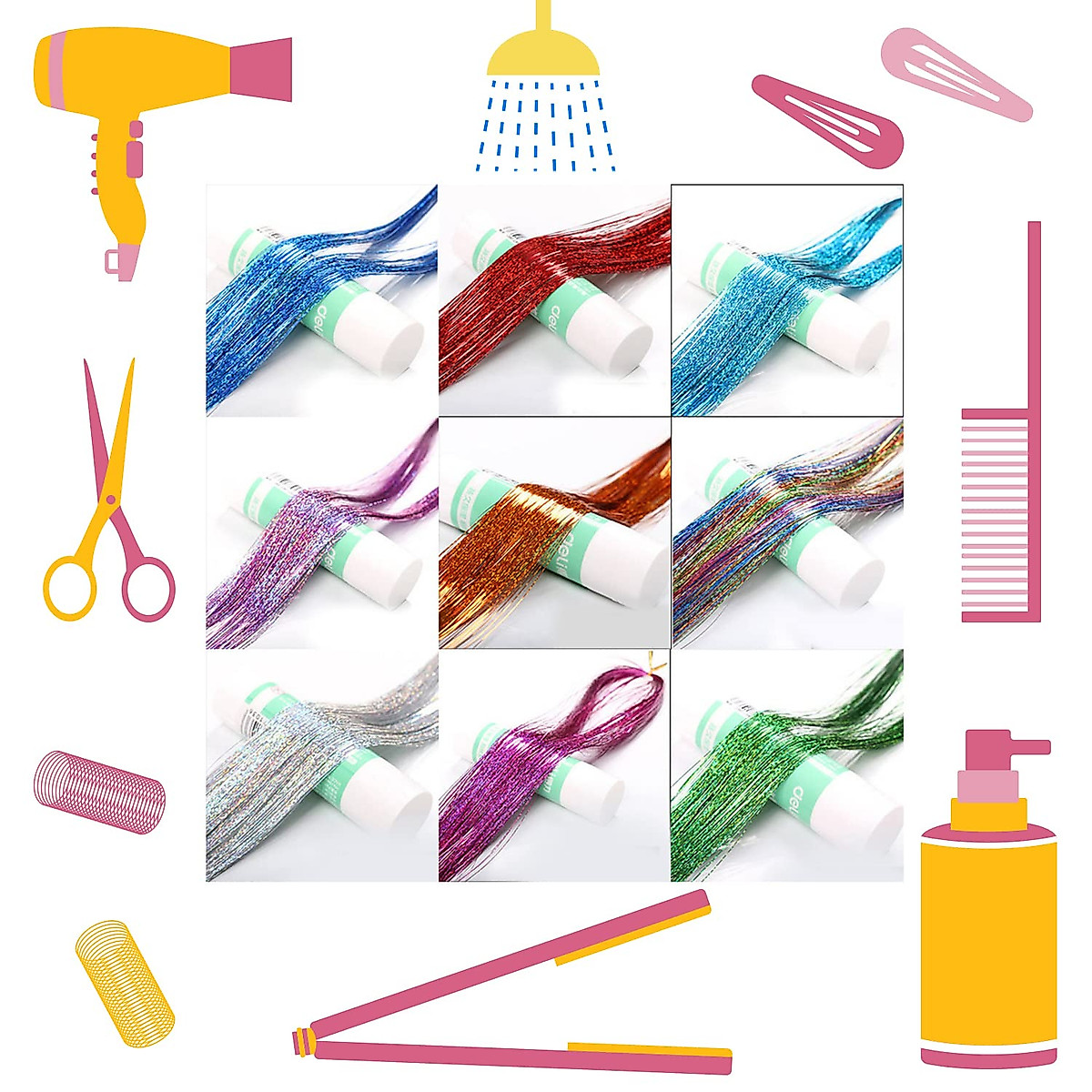 Hair Tinsel Kit 12 Colors, 2500 Strands 48 Inches Sparkling Tinsel Hair Extensions with Tool, Fairy Hair Tinsel for Birthday Halloween Christmas New Year Party