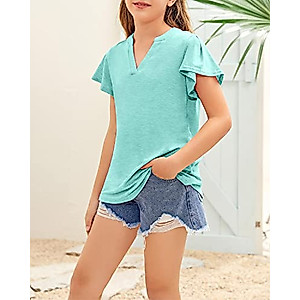 PLNOTME Girls' Summer Cute T Shirts Casual Short Sleeve V Neck Plain Tunic Tops Light Green