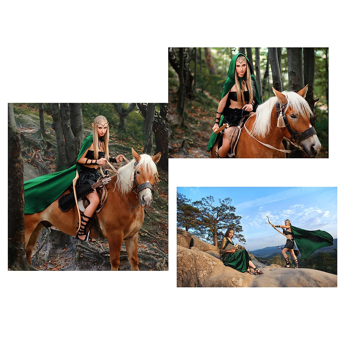 Merroyal Moon Head Chain Vintage Crystal Headpieces Hair Acessories with 2 Pairs Latex Elf Ear for Women (Green Leaf and Bronze Moon)