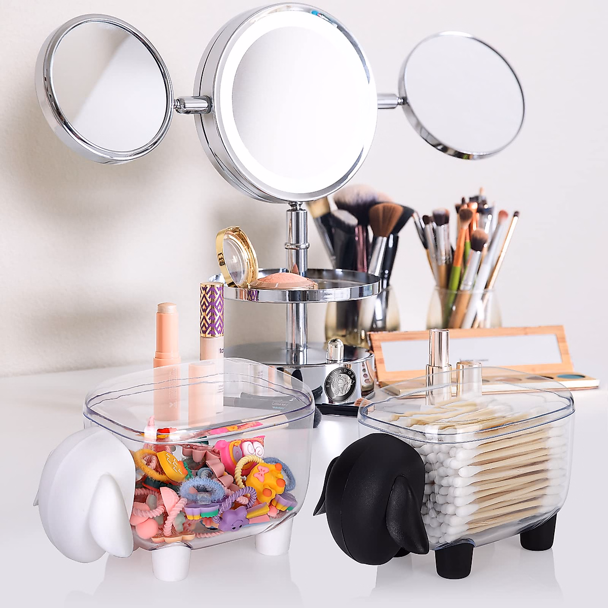 OTOSTAR 2 Pack Qtip Holder Dispenser Set with Lids Clear Plastic Apothecary Jars Vanity Makeup Organizer Storage Containers Storage Bathroom Organizer Set for Cotton Swab Ball Pads Floss (Sheep)