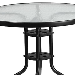 Flash Furniture 31.5'' Round Glass Metal Table with 4 Black Metal Aluminum Slat Stack Chairs