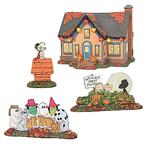 Department 56 Snow Village Halloween Trick or Treat Lane Peanuts House Lit Building and Accessories Set, 6.57 Inch, Multicolor