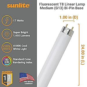 Sunlite 30125 2 Foot T8 Linear Fluorescent Lamp, 17 Watts, 1450 Lumens, F17T8/SP841, 4100K Cool White, Medium G13 Bi-Pin Base, ROHS Compliant, 30 Pack