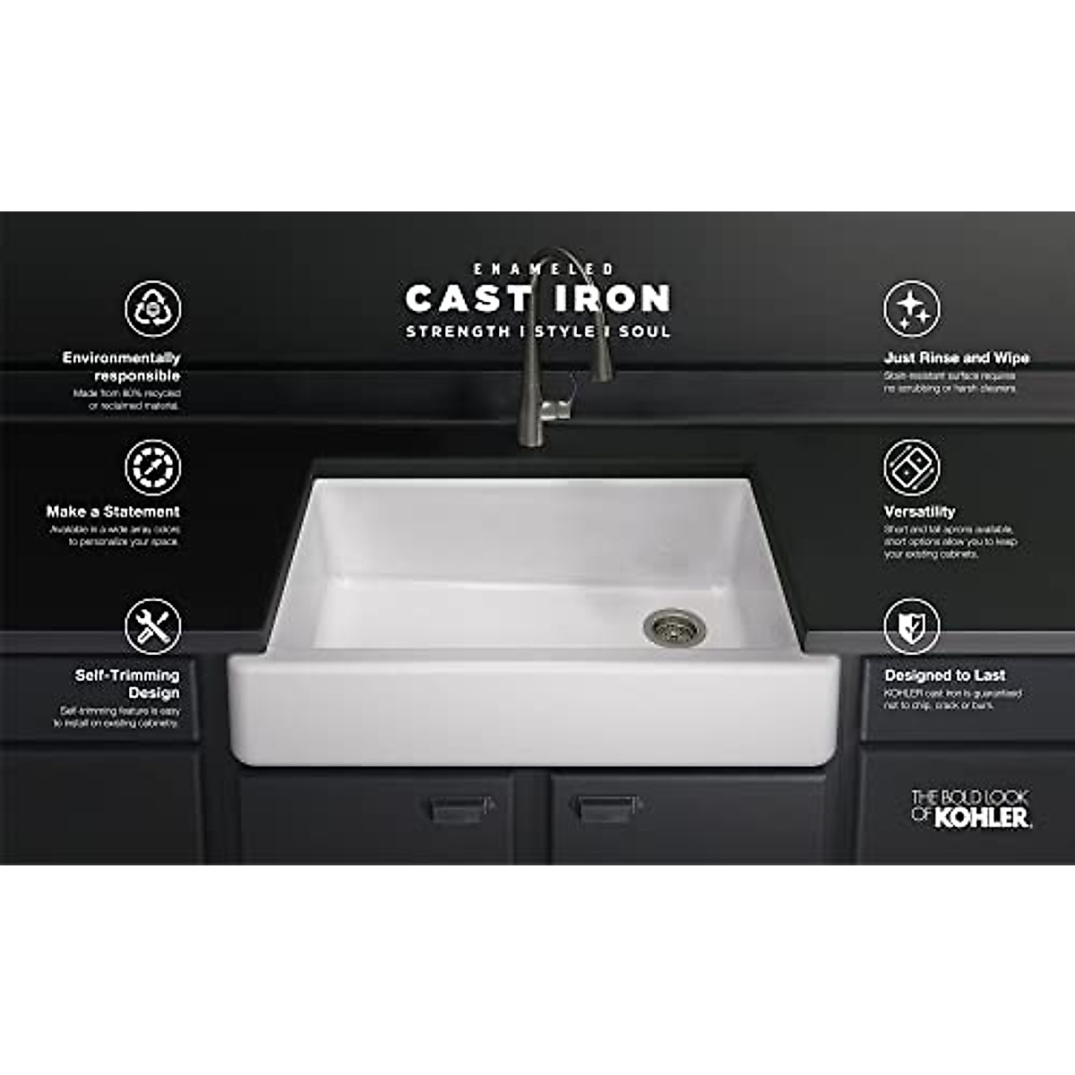 KOHLER K-6487-0 Whitehaven Farmhouse Self-Trimming 29-11/16" x 21-9/16" x 9-5/8" Front Undermount Single-Bowl Kitchen Sink with Tall Apron, 30 Inch, White