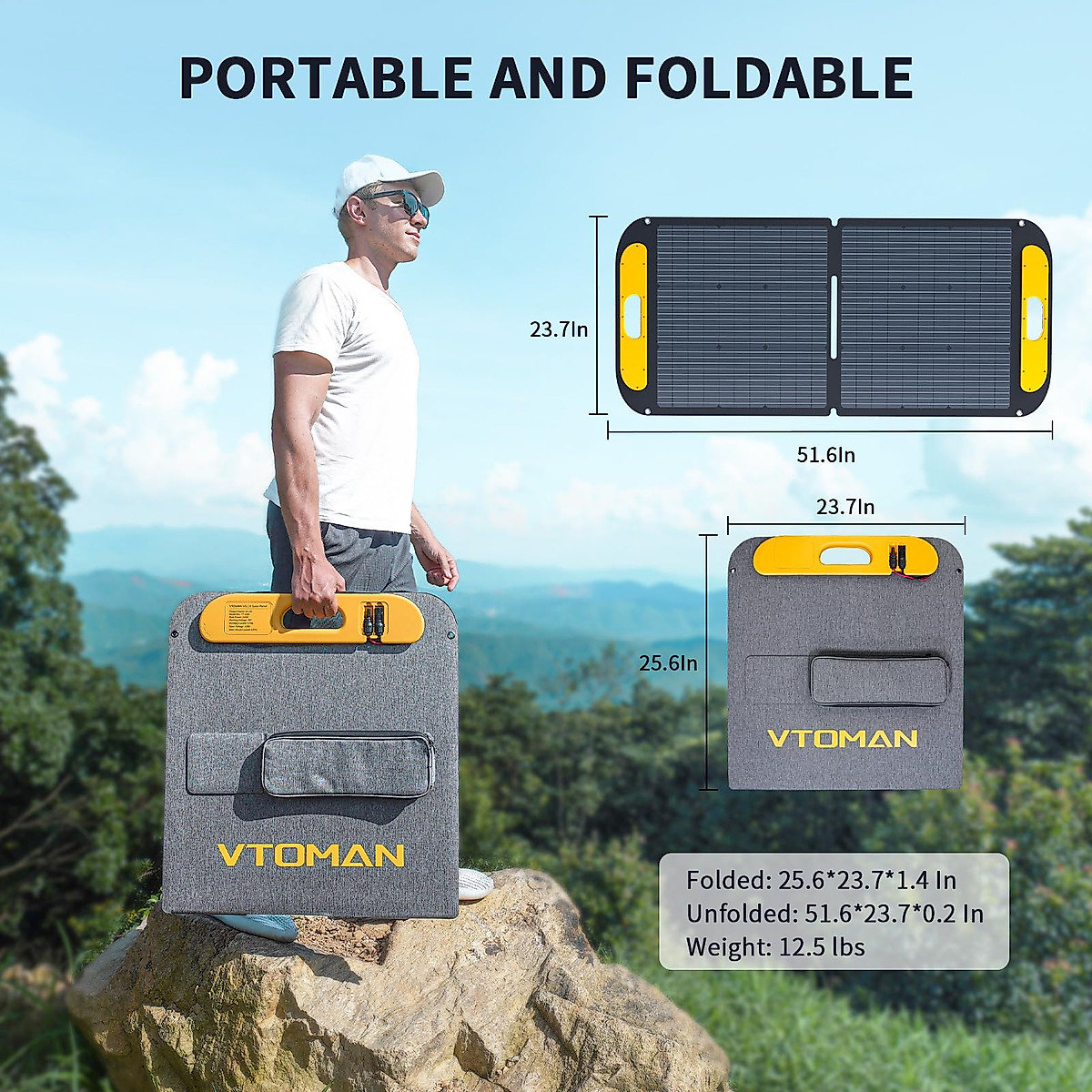 VTOMAN Portable Solar Panel for Solar Generator, 110W 19V Folding Solar Charger with 23% Efficiency, IP67 Waterproof and Adjustable Kickstands Design for Camping, RV, Outdoor Adventures (VS110)