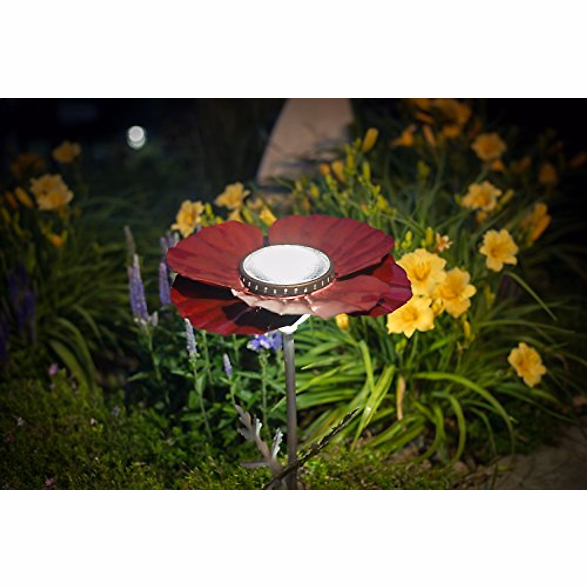Desert Steel Flower Solar Light - (Red Poppy - 18" H x 11.5" W) - 20 Lumen LED Garden Light & Pathway Lamp