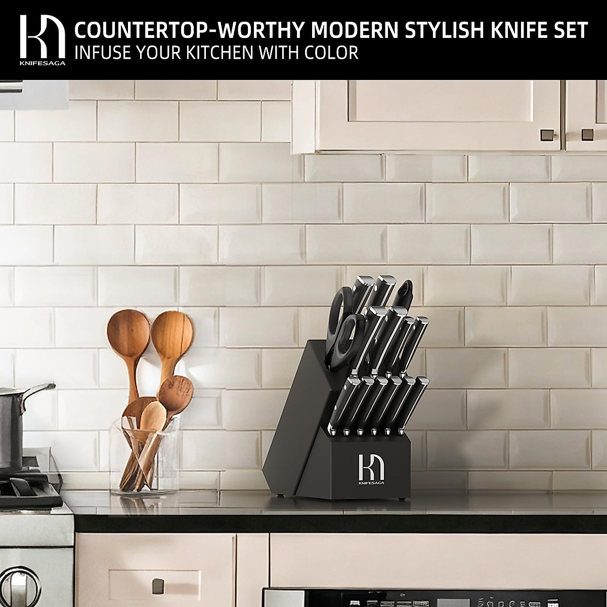 KnifeSaga Kitchen Knife Set, 15 Pcs Knife Block Set, Japanese Knife Sets for Kitchen with Block and Sharpener, Razor-Sharp Premium Knives Sets High Carbon Stainless Steel, Black