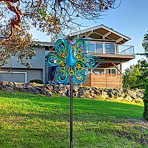 DREAMSOUL Peacock Wind Spinner 60" Double Wind Sculpture Spinner Outdoor Metal Stake Yard Spinners Garden Decorative Kinetic Wind Catcher Windmills for Patio Yard Lawn Garden Decor