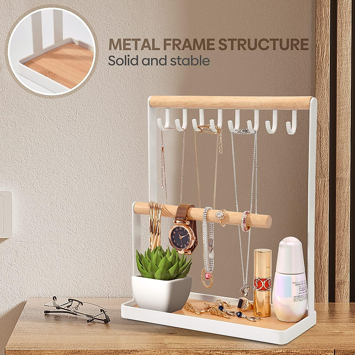 Portin Jewelry Organizer Display Stand Holder with Wooden Ring Tray and Hooks Storage Necklaces Bracelets, Rings, Watches Metal Desk Organizer Stand