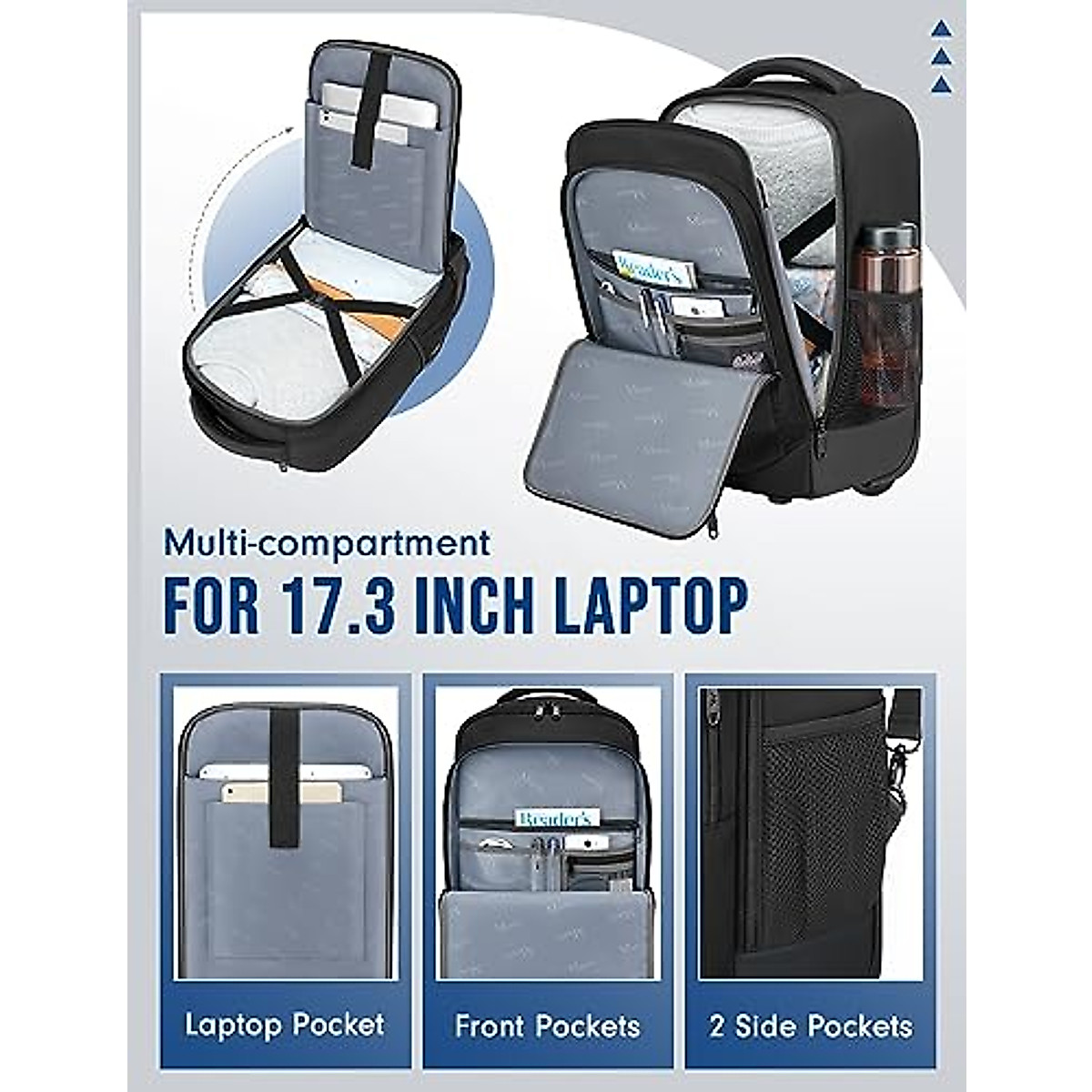 MATEIN 17 inch Rolling Backpack, Travel Laptop Backpack for Men Women, Large Wheeled Backpack Water Resistant Carry on Roller Bag Airline Approved, Business Luggage Suitcase, Traveler Gifts, Black