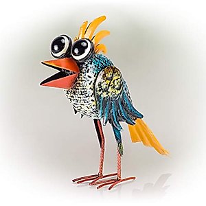 Alpine Corporation JUM450HH Alpine 11" Tall Metal Wide-Eyed Bird Standing Yard Statue Decoration, Multicolor Outdoor Décor
