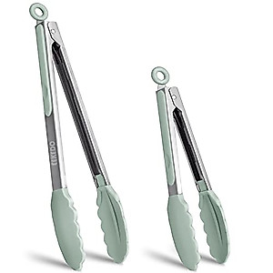 EEKEDO Kitchen Tongs, Stainless Steel Silicone Tongs for Cooking 600ºF High Heat-Resistant BBQ Grilling Locking Tongs, Set of 2-9" and 12" Light Green