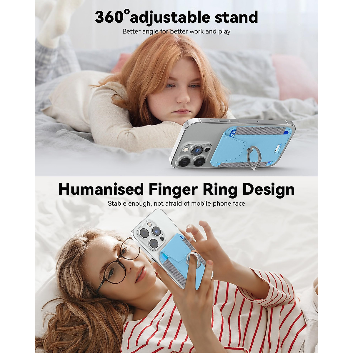 Amzone Magnetic Wallet with Card Holder, Compatible with Mag-Safe Wallet, Leather Card Holder, Wallet with Phone Ring for iPhone 15/14/13/12 Series, 7 Cards Holder (Light Blue)