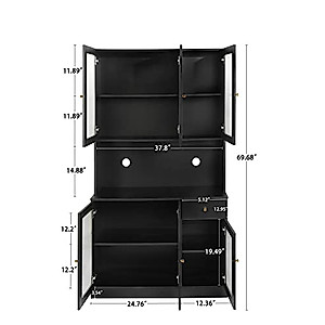 MIYZEAL Kitchen Pantry Storage Cabinet, 69'' Freestanding Pantry Cabinet with Cupboard and Microwave Stand, Modern Hutch Buffet Cabinet with 6-Doors and Drawer for Home Kitchen (Black)