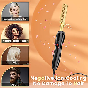 Hot Comb, Electric Hot Comb, Professional High Heat Ceramic Hair Press Comb, Multifunctional Copper Hair Straightener for American African Hair - Gold