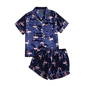 WDIRARA Women's Plus Size Satin Pajama Set Short Sleeve Button Down Pajamas Shirt and Short Sleepwear Navy Blue 4XL