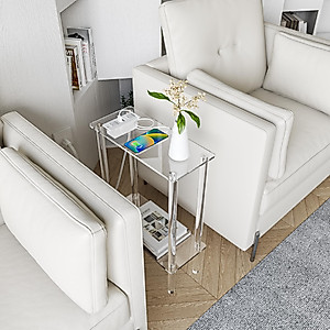 HMYHUM Acrylic Narrow Side Table with Charging Station, 7" Width, 2 Tier Small End Table for Small Spaces, Skinny Nightstand/Bedside Table with USB Ports & Outlet, Clear