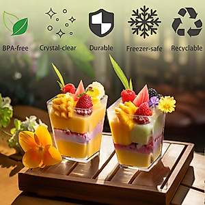 Legredic 50 Pack 5 oz Square Dessert Cups with Spoons, Clear Plastic Parfait Cups for Party, Mini Serving Shooter Appetizer Cups, Dessert Shot Glasses for Tasting Samples Fruit Ice Cream