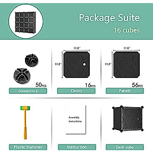 16 Cubby Clothes Storage Shelves, Cube Plastic Closet Organizer with Doors, 12" × 12" Modular , Portable Closet Wardrobe for Bedroom, Home, Black (4 × 4 Cubes)
