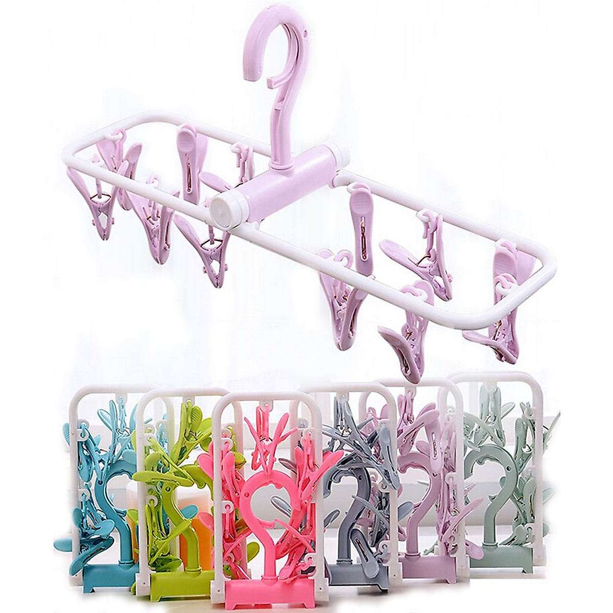 Inoutdoorkit Folding Travel Clip & Drip Hangers, Portable Plastic Clothes Underwear Socks Laundry Drying Hanger Rack With 12 Clips For Home Or Outdoor FPH12 (Light Purple)