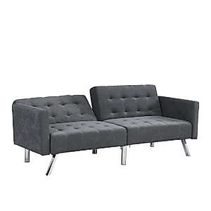 POCIYIHOME 2-Seater Convertible Lounge Bed, Couch Loveseat Sleeper Sofa with Adjustable Backrest, Recliner Futon Folding Daybed for Living Bedroom Apartment Reading Room, Linen, Dark Grey