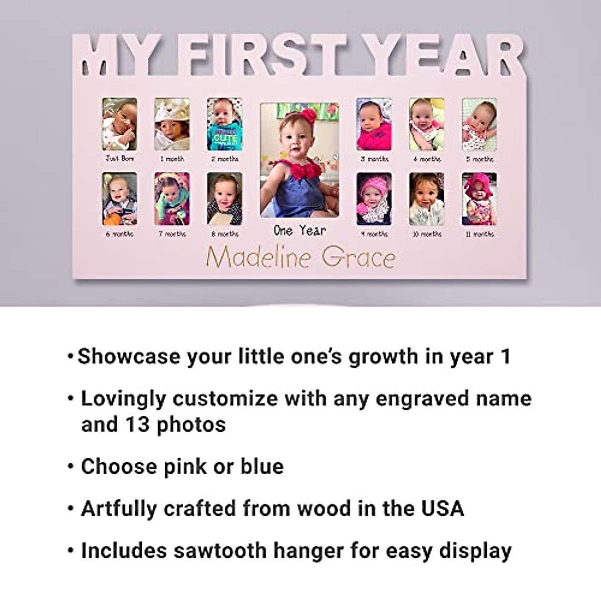 Let's Make Memories Personalized Baby's First 12 Months Photo Frame- New Parents- Newborn- Nursery - Pink