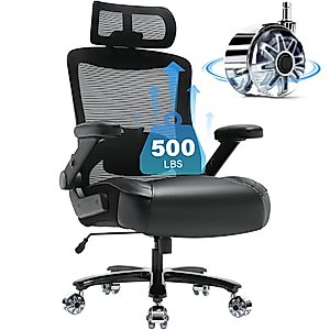 Big and Tall Office Chair 500lbs- Ergonomic Mesh Desk Chair with Adjustable Lumbar Support Headrest 3D Flip Up Arms Metal Base- High Back Large Executive Computer Office Chair, Extra Wide Seat, Black