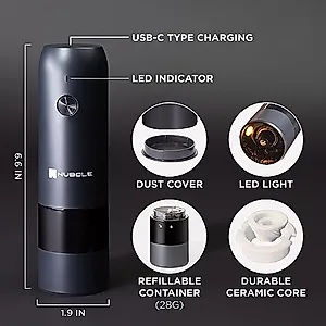 Electric Pepper Grinder Mill - Automatic Quick USB Rechargeable Pepper Grinder with Adjustable Coarseness, One Handed Operated Salt and Pepper Grinder for Kitchen,Restaurant, and BBQ Black