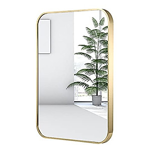 JENBELY 24x36 Inch Gold Bathroom Mirror, Brushed Brass Gold Metal Framed Rectangular Mirror with Rounded Corner, Wall Mounted Vanity Mirror for Bedroom or Living Room, Horizontal/Vertical