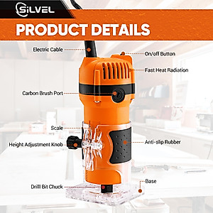 SILVEL Wood Router, 800W Wood Routers for Woodworking, 6.5Amp 1.25HP Hand Wood Router Tool, 30000R/MIN Compact Edge Trimmer with 15 1/4" Router Bit Set, Orange