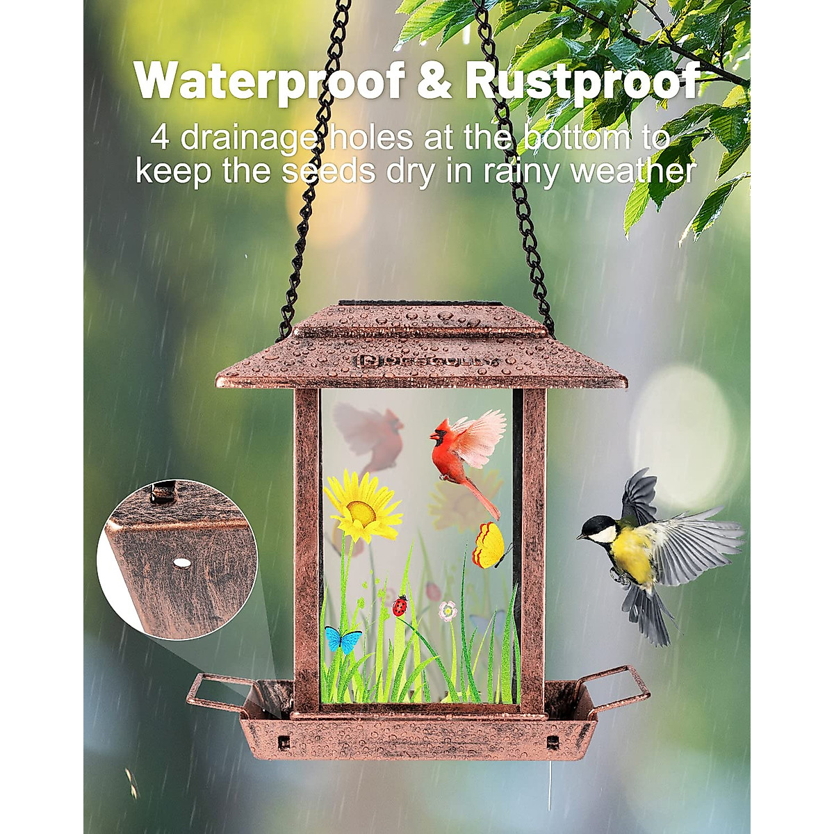 DesGully Bird Feeders for Outdoors Hanging - 2.5 LBs Wild Birds Metal Solar Bird Feeder for Outside Gift Ideas for Bird Lovers Garden Yard Bird Seeds (Chew-Proof,Weather Resistance)