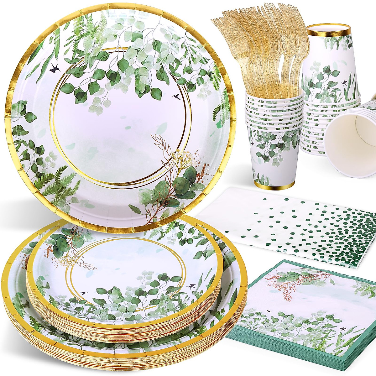 Etsutomy Sage Green Party Decoration, 126PCS Sage Green Plates and Napkins Party Supplies, Spring Greenery Eucalyptus Green Leaves Disposable Dinnerware Decor for Wedding Birthday Baby Shower