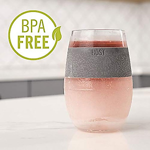 Host Cooling Wine Freeze Cup with Lid, Set of 2 Plastic Double Wall Insulated Wine Tumbler Freezable Drink Vacuum Cup with Freezing Gel, Wine Glasses for Red and White Wine, Gift Essentials, Gray