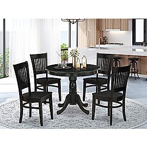 East West Furniture ANVA5-BLK-W 5 Piece Modern Dining Table Set Includes a Round Kitchen Table with Pedestal and 4 Dining Room Chairs, 36x36 Inch, Black