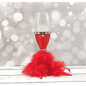 Abbie Home Bride and Groom Wedding Champagne Toasting Flute - Mr Mrs Wine Glasses Wedding Toasting Glasses with Feather Dress Red Suit Rhinestone, Set of 2 (Glass Set)
