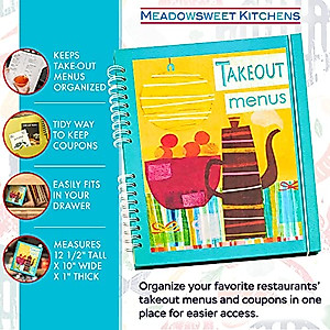Meadowsweet Kitchens Takeout Menu Holder Organizer, Restaurant Coupon & Menu Binder w/ 8 Large Pockets, 10 Sticker Labels, & Elastic Closure, Take Out Menu Book Sleeve Spiral Binder (Colorful Kitchen)