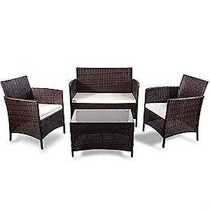 SAWQF Outdoor Furniture Set 4 Piece Rattan Sofa Seating Group with Cushions for Garden Patio Terrace 2 Colors (Color : E)