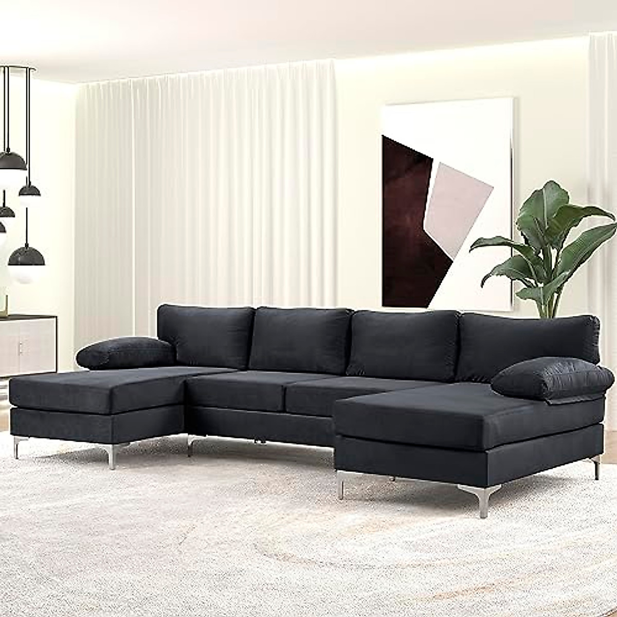 Casa Andrea Milano Modern Large Velvet Fabric U-Shape Sectional Sofa, Double Extra Wide Chaise Lounge Couch