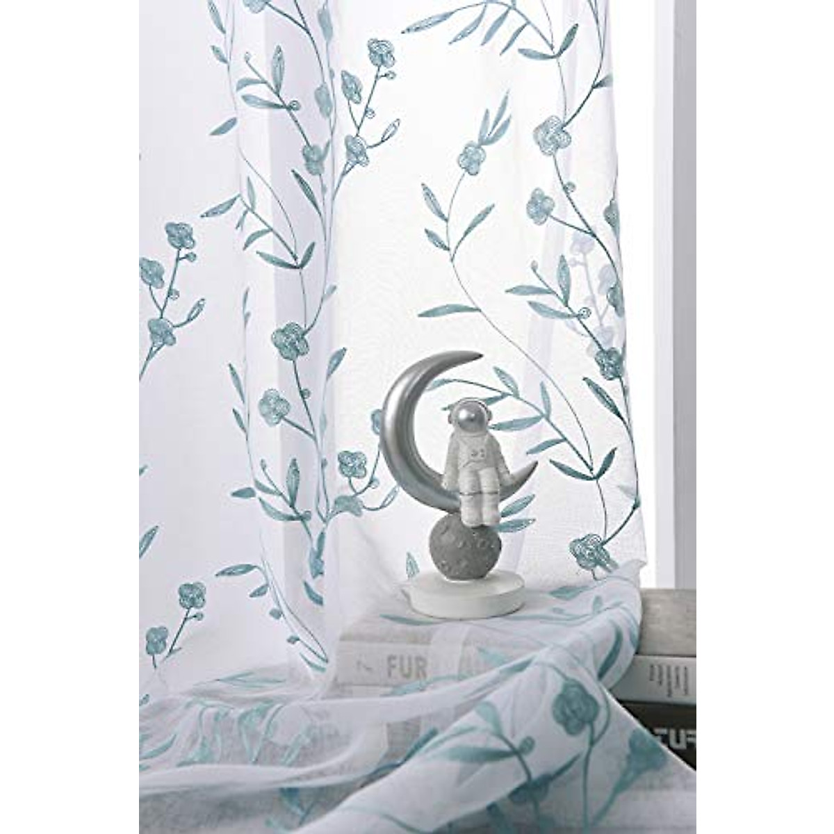 Sheer Curtains Floral Embroidery Blue 84 Inch Long Rod Pocket Lace Drapes for Living room, Bedroom, 2 Panels, 52"x84", Semi Voile Pattern Outdoor Window Treatment Sets for Yard, Patio, Villa, Parlor.