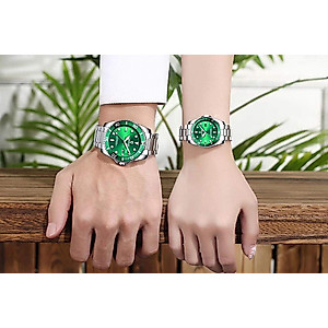 MASTOP Couple Watches Classic Golden Stainless Steel Watch His and Hers Waterproof Quartz Watch (Silver Green)