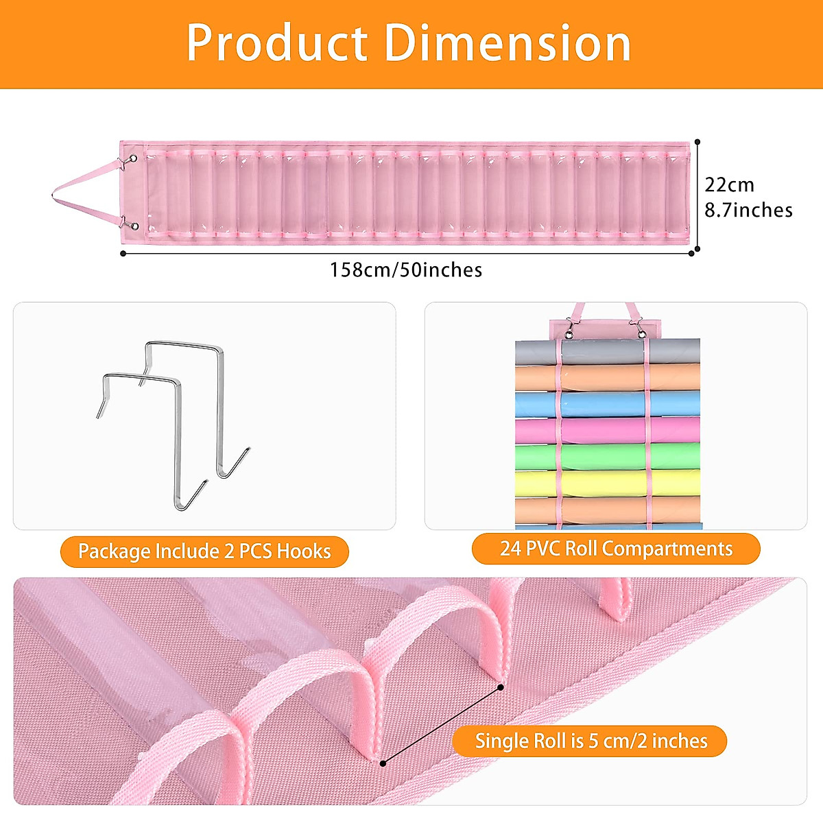 Mightree Vinyl Roll Holder, Wall Mount Vinyl Roll Organizer, Foldable Vinyl Holder Bag for Craft Collecting Vinyl Paper, Wrapping Paper, Hanging Door Vinyl Bag with 24 Compartments, Pink