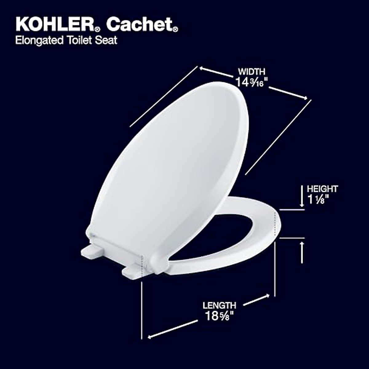 KOHLER K-4636-0 Cachet Elongated, Grip-Tight Bumpers, Quiet-Close Release Hinges, Quick-Attach Hardware, No Slam Toilet Seat, White