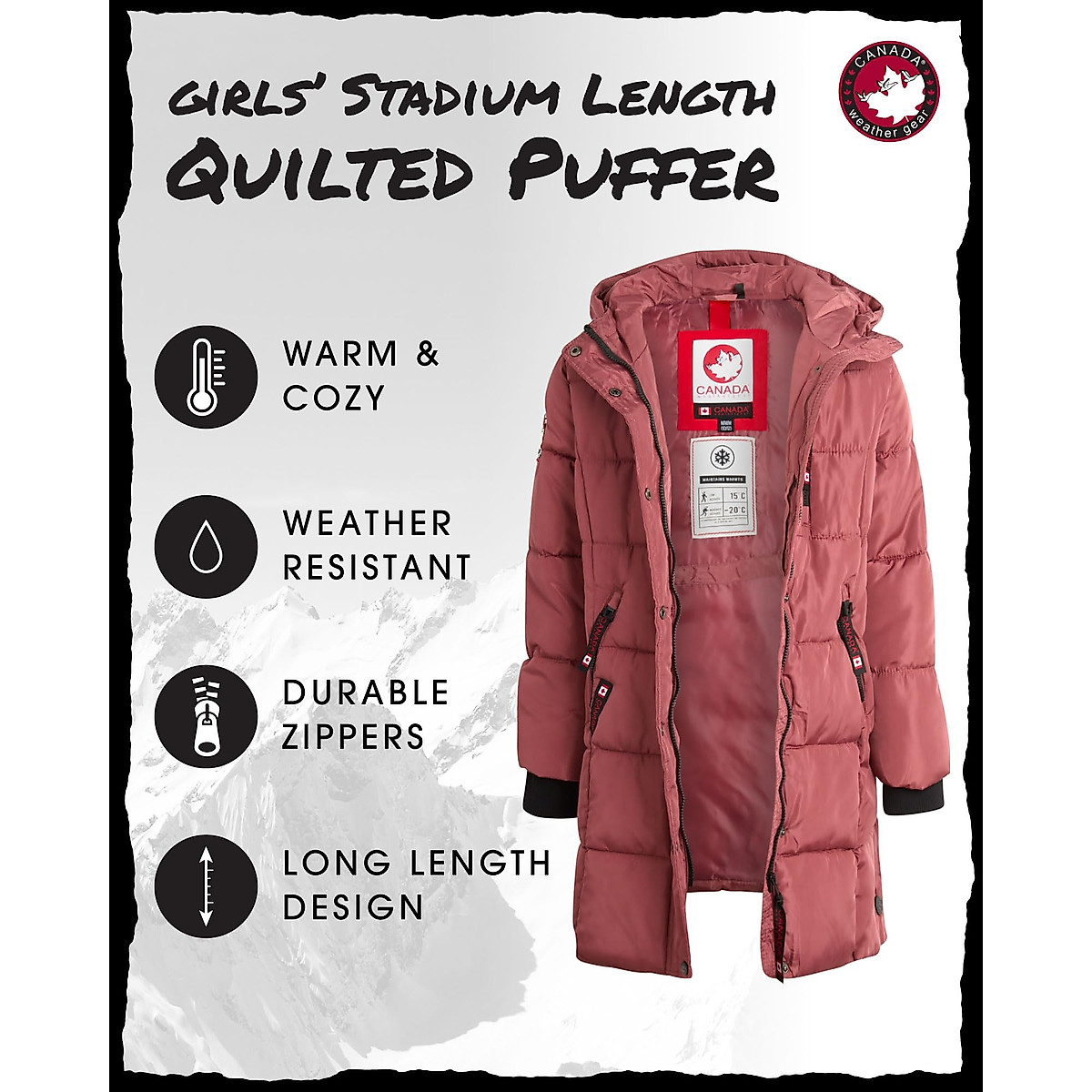 CANADA WEATHER GEAR Girls’ Winter Coat – Stadium Length Quilted Puffer Parka Jacket (4-16), Size 7-8, Wild Ginger