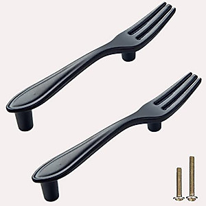Sinyiol 2Pcs Matte Black Funny Cutlery Tableware Cabinet Pulls,Creative Spoon Fork Knife Shape 3" Hole Center Vintage Kitchen Cupboard Pulls Handles,Cute and Fun (2Pcs, Fork, Matte Black)