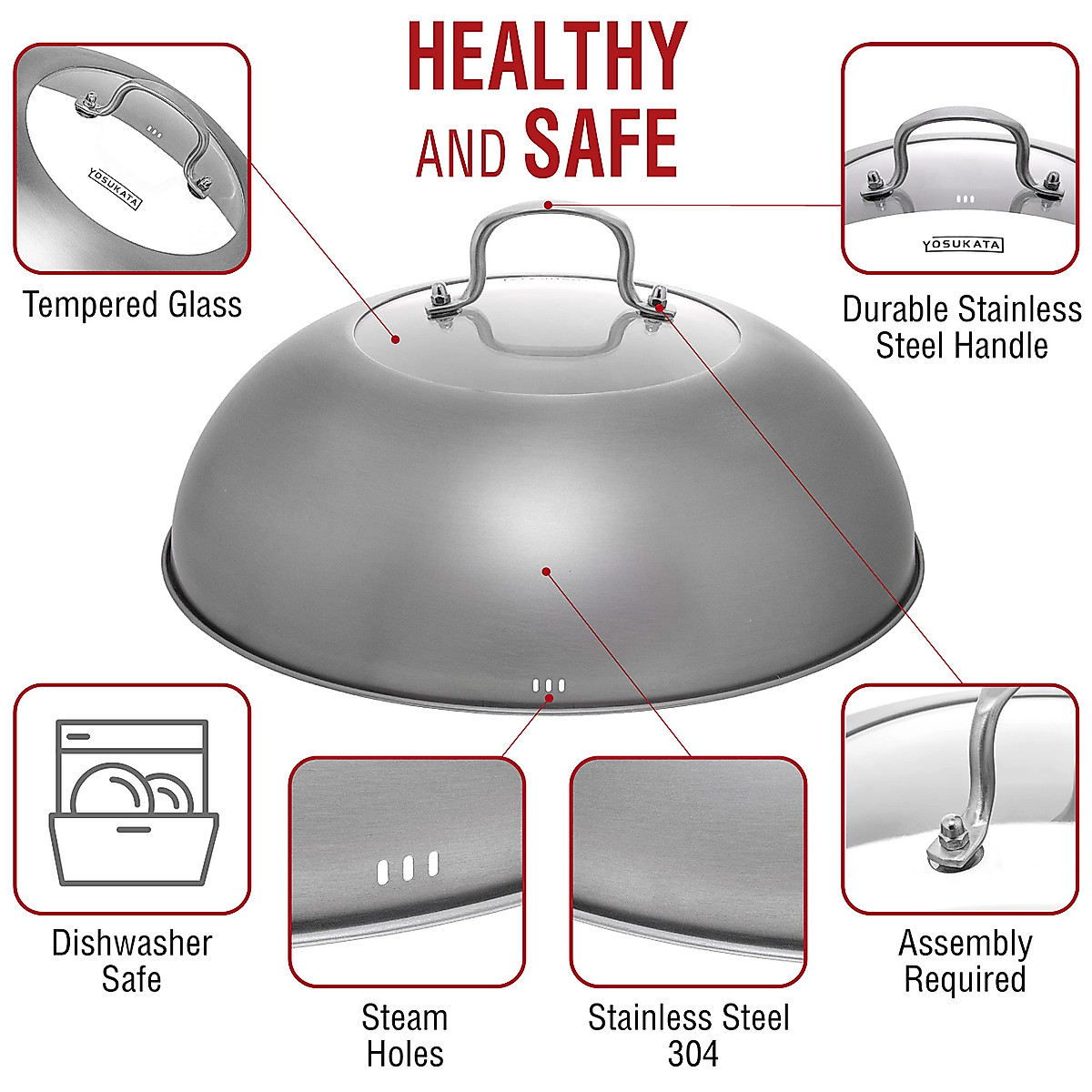 YOSUKATA Blue Round Bottom Wok Pan 14" Wok Lid 13.6 Inch - Premium Stainless Wok Cover with Tempered Glass Insert Steam Holes