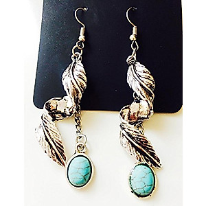 CAFUDEYE Women Bohemian Tribal Antique Silver Leave Dangle Earrings Vintage Feather Turquoise Bead Drop Earrings Nickel Free