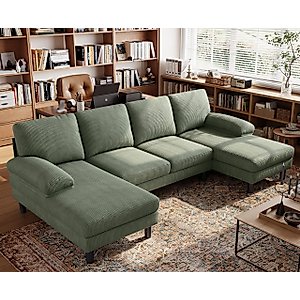 LINSY HOME U Sectional Couch, 111'' W Corduroy Sofa with Sleepable Armrests, 4 Seat Couch with Double Chaises, Deep Sofa for Living Room, Army Green